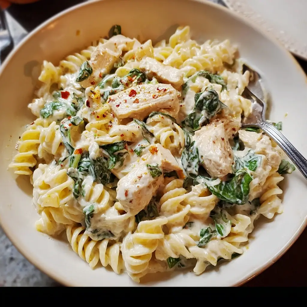 Cream Cheese Spinach Chicken Pasta Recipe - Love And Nibbles