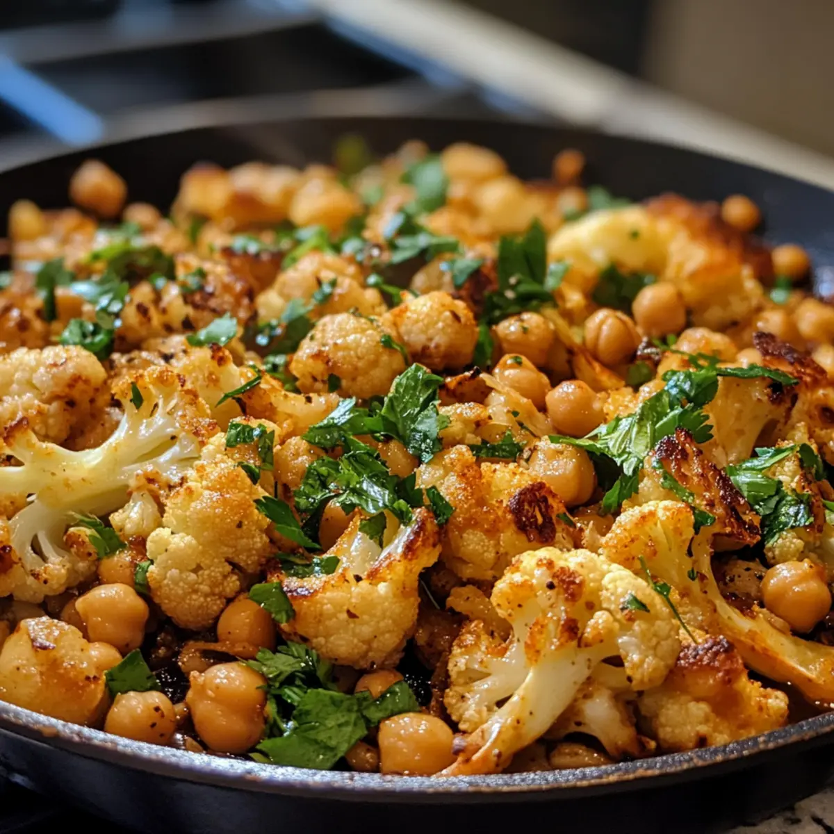 Easy Delicious Crispy Roasted Cauliflower Chickpea Skillet Recipe